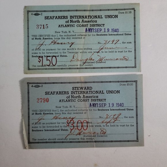 Office | Two 194 Seafarers International Union Dues Cards Steward ...